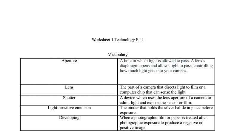 Worksheet 1: Technology Vocabulary & Exposure Triangle Concepts - Studocu
