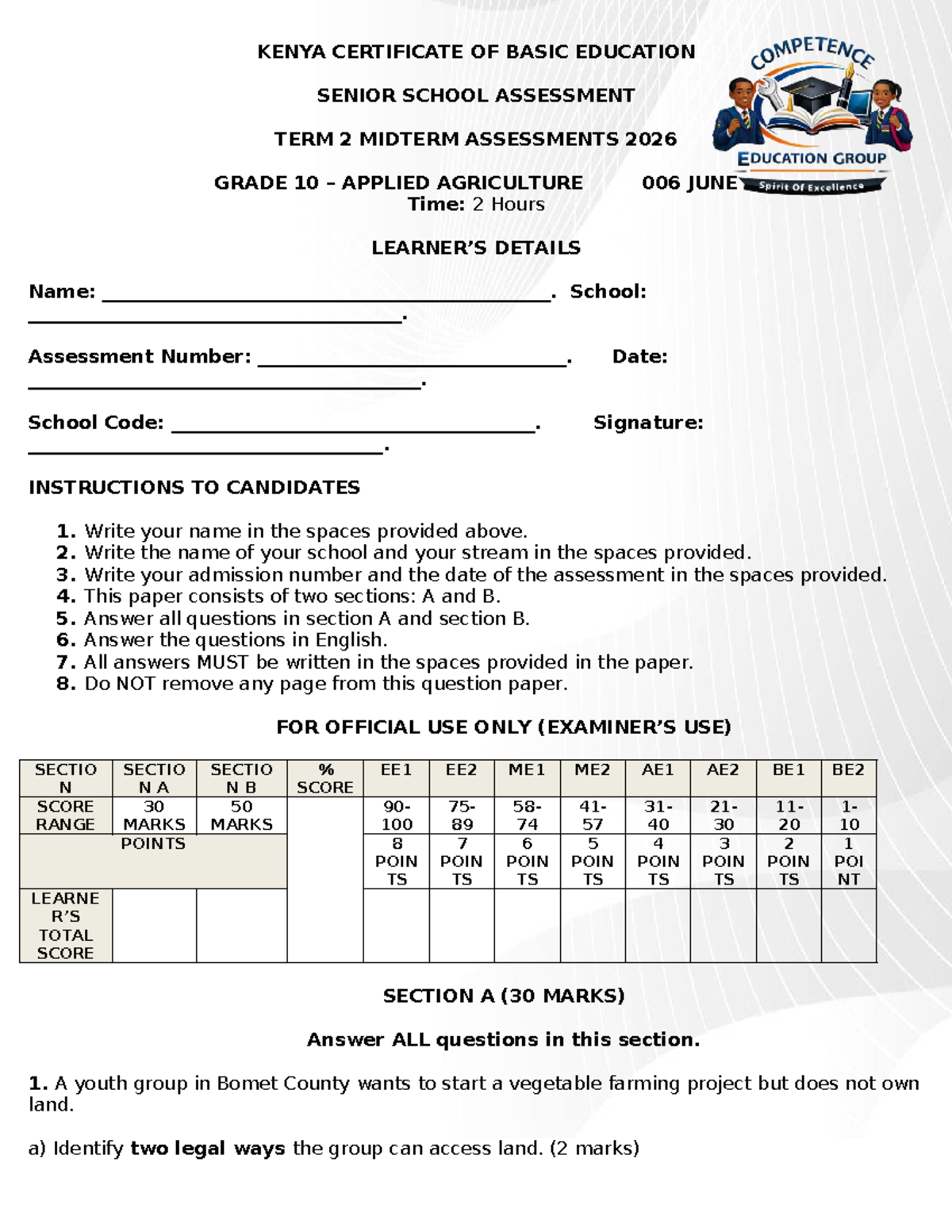 Grade 10 Applied Agriculture Term 2 Midterm Assessment 2026 - Studocu
