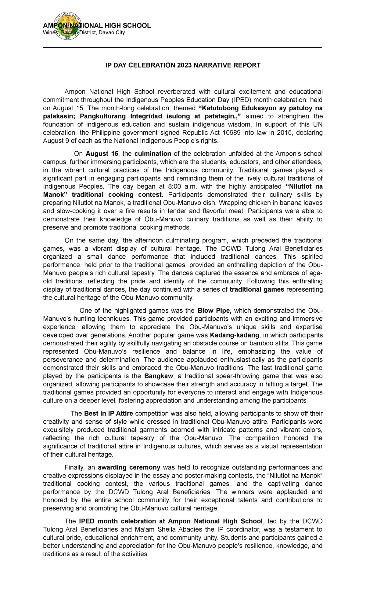 IPED-Narrative Report: Highlights from Ampon National High School 2023 ...