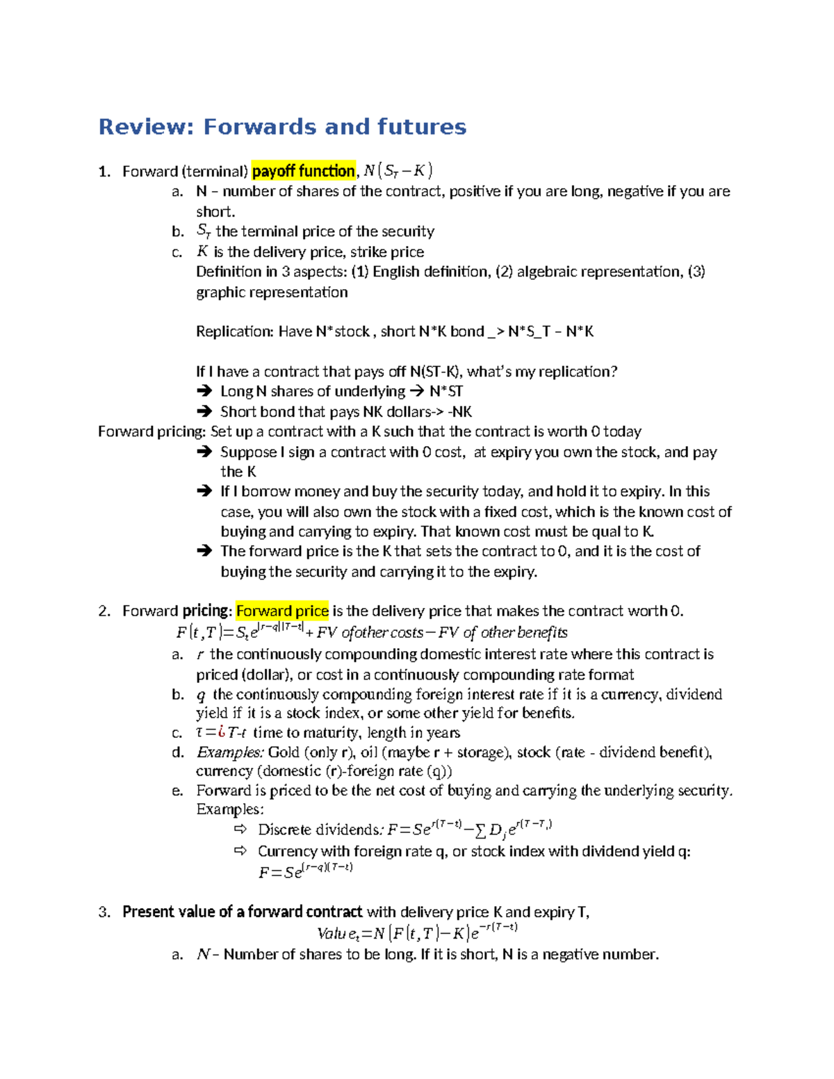Forward Pricing Review - Review: Forwards and futures Forward (terminal ...