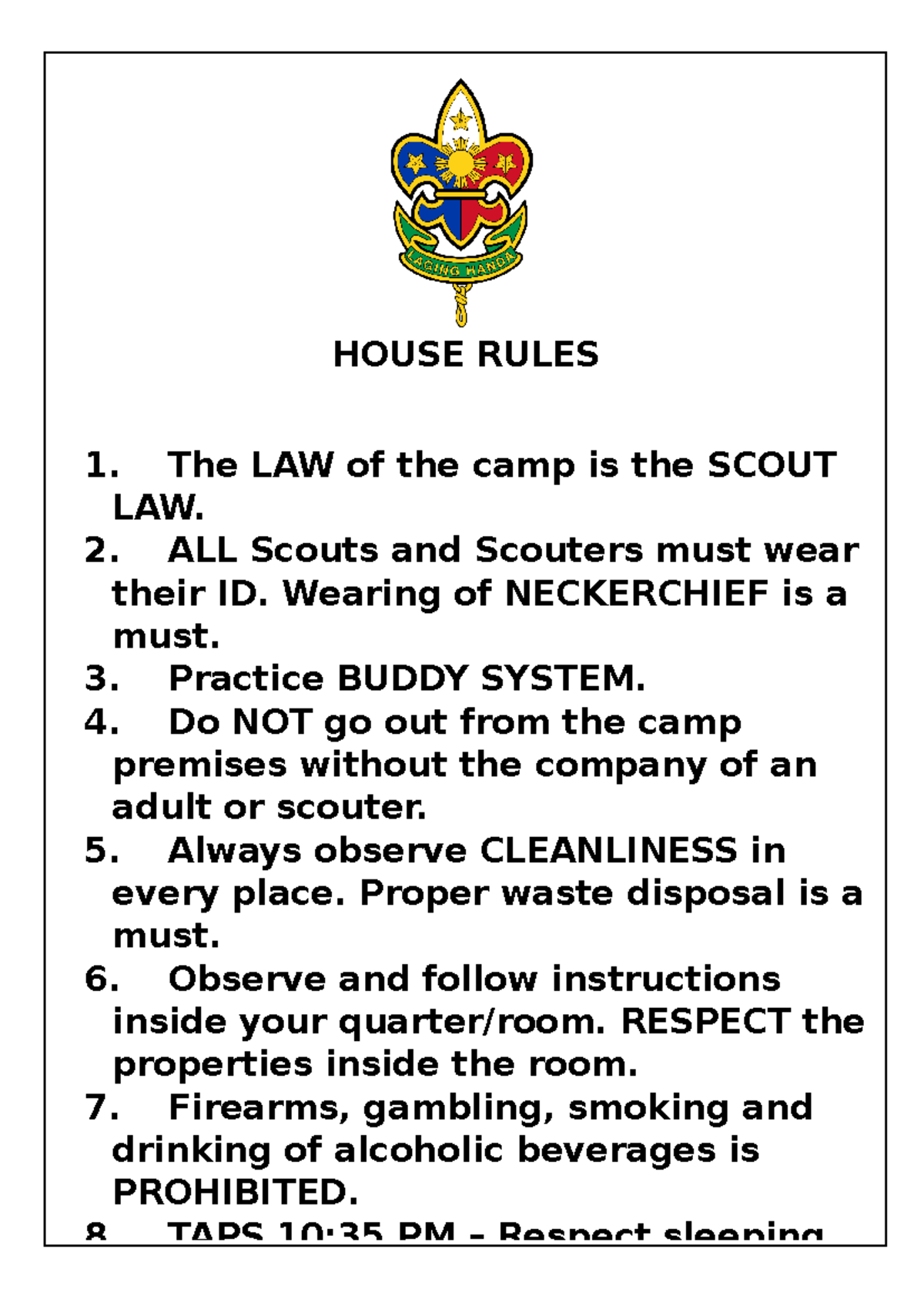 Camping-House-Rules - TUTORIAL - HOUSE RULES The LAW of the camp is the ...