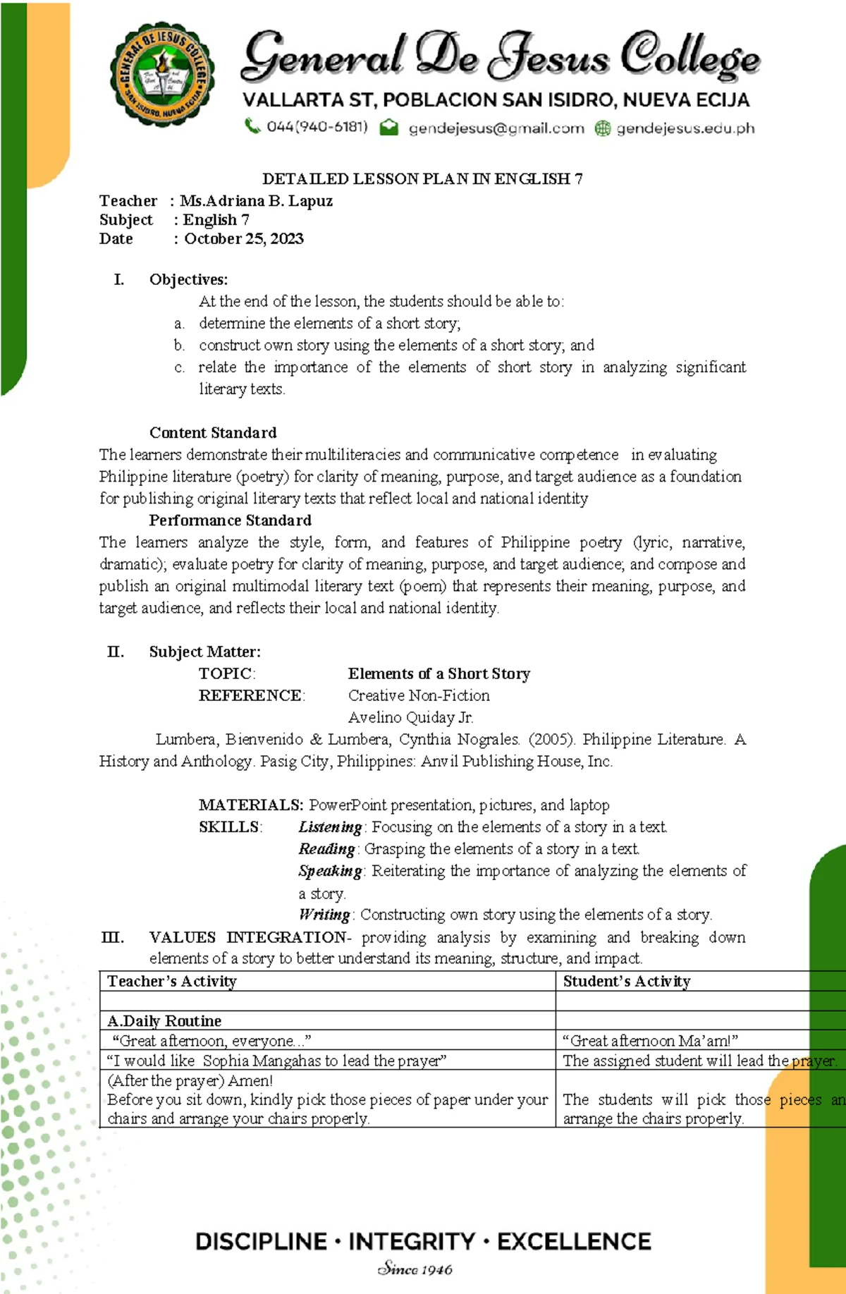 Detailed Lesson Plan: Elements of a Short Story for English 7 - Studocu