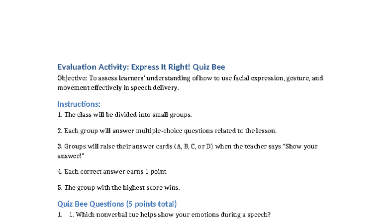 Express It Right! Quiz Bee Evaluation Activity - Studocu