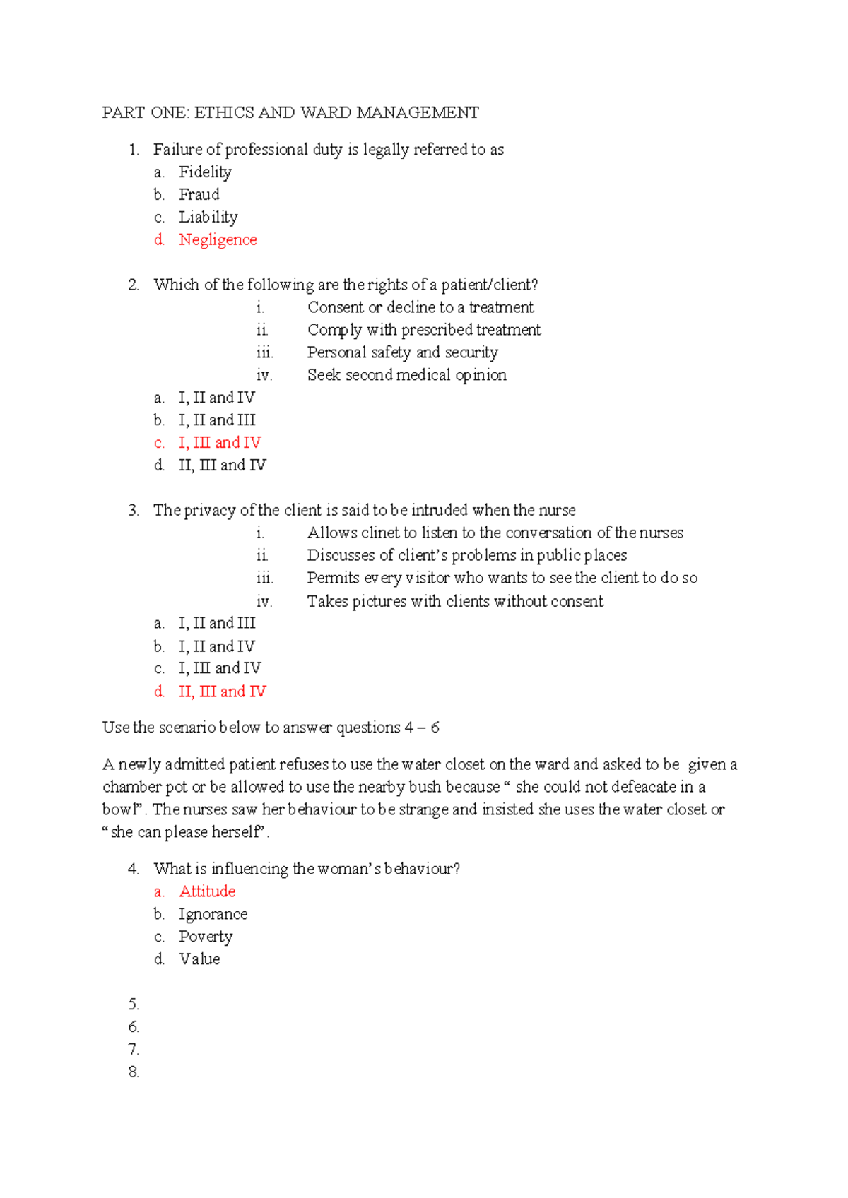 NUR 101: Ethics and Ward Management - Past Exam Questions - Studocu