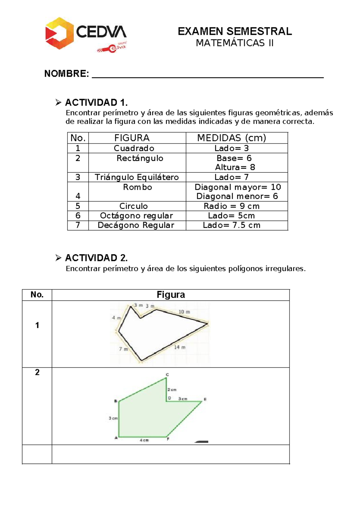 Examen Semestral M2: Perímetros y Áreas de Figuras Geométricas - Studocu
