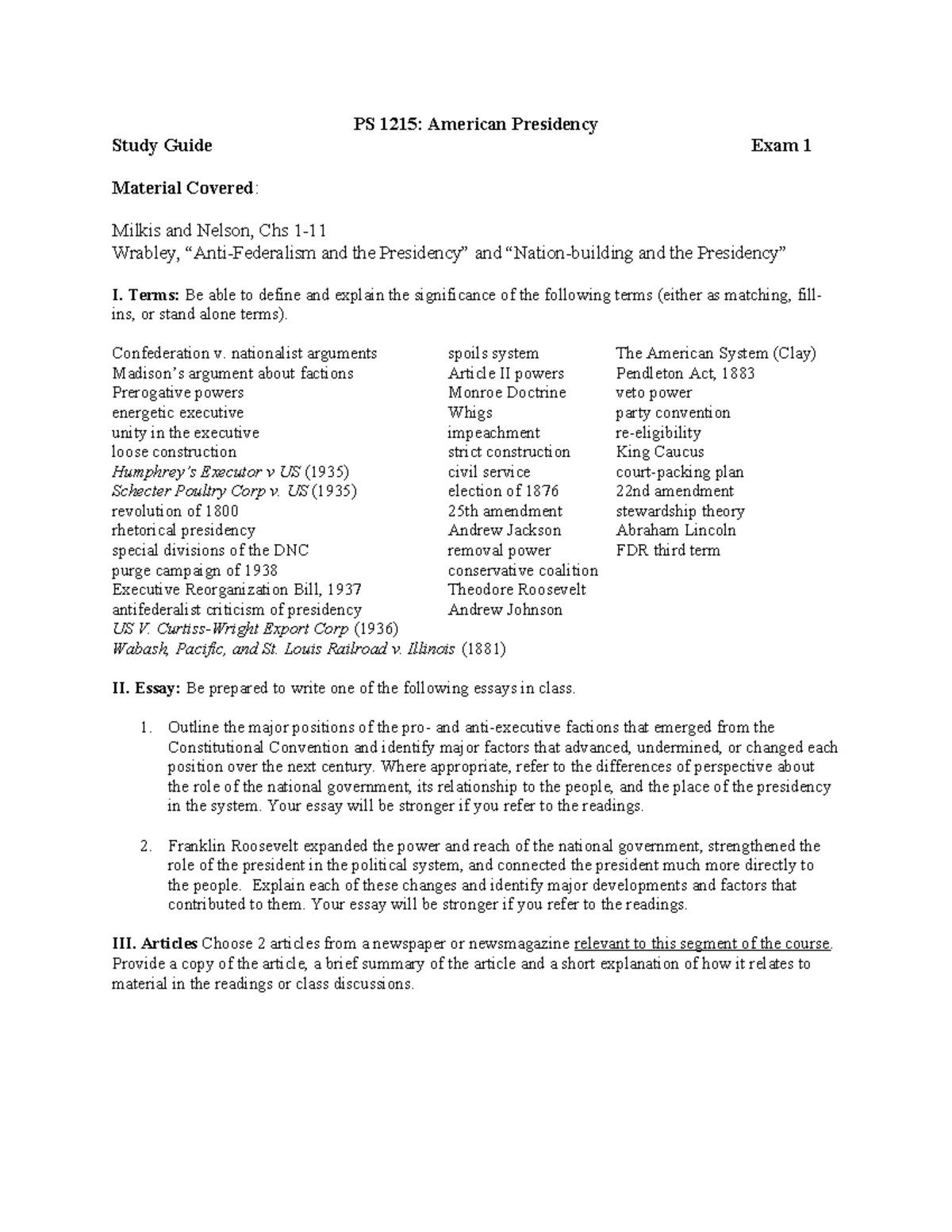 PS 1215: American Presidency Study Guide for Exam 1 Preparation - Studocu