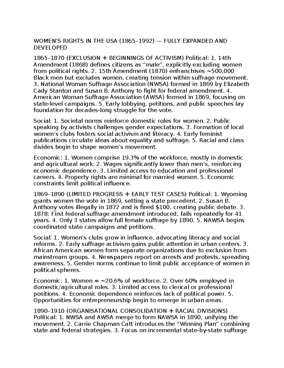 US Women's Rights 1865-1992: A Comprehensive Overview of Progress - Studocu
