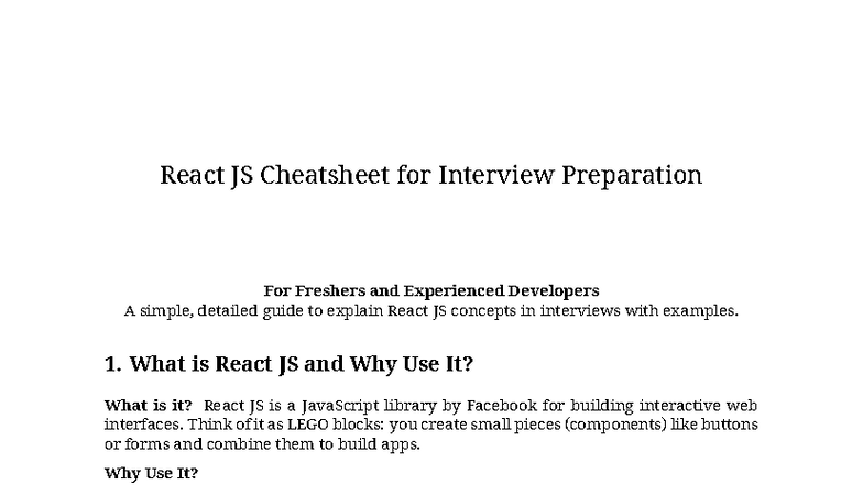 React JS Interview Prep Cheatsheet for Freshers & Experienced - Studocu