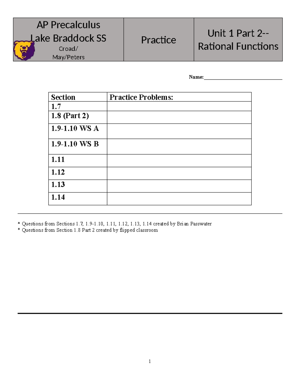 AP Precalculus Unit 1 Part 2 Practice: Rational Functions & Asymptotes ...