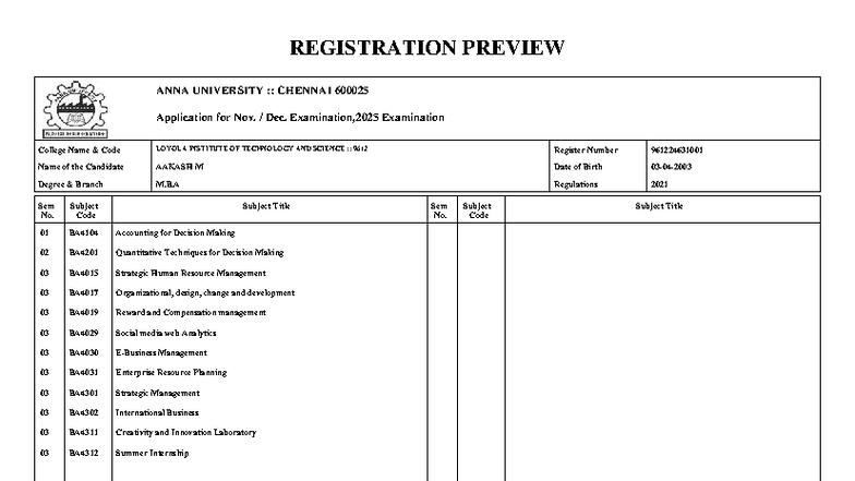 Anna University MBA Registration Preview for Nov-Dec 2025 Exams - Studocu