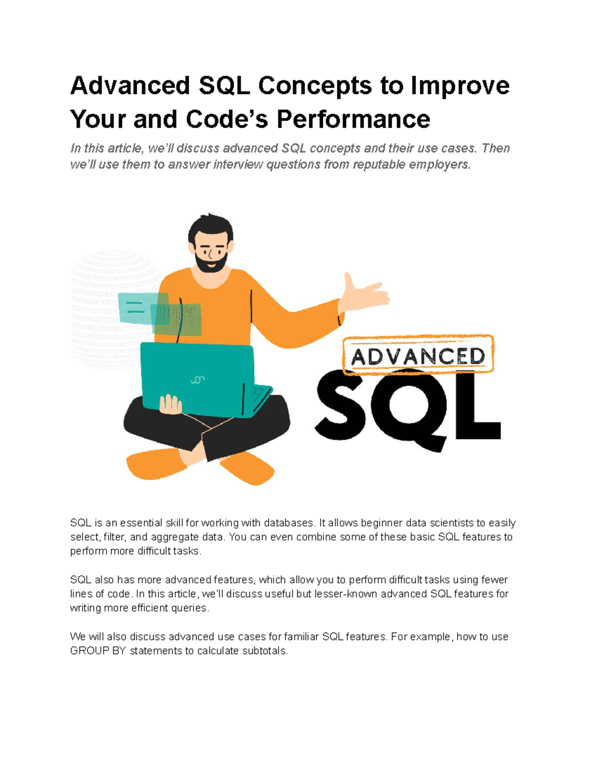 Advanced SQL Concepts for Performance Improvement (Course Code ...
