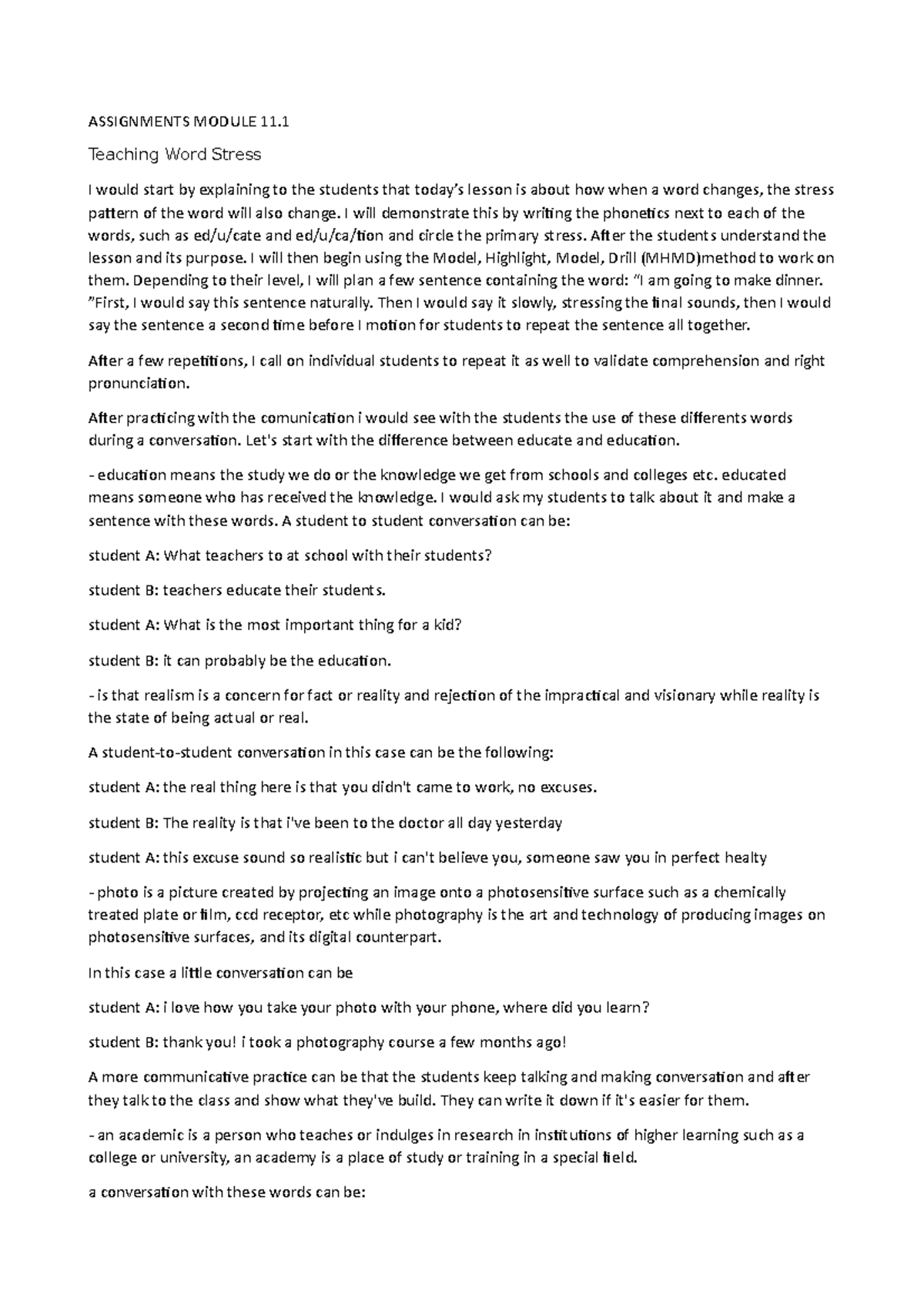 Assignments Module 11.1 - ASSIGNMENTS MODULE 11. Teaching Word Stress I ...