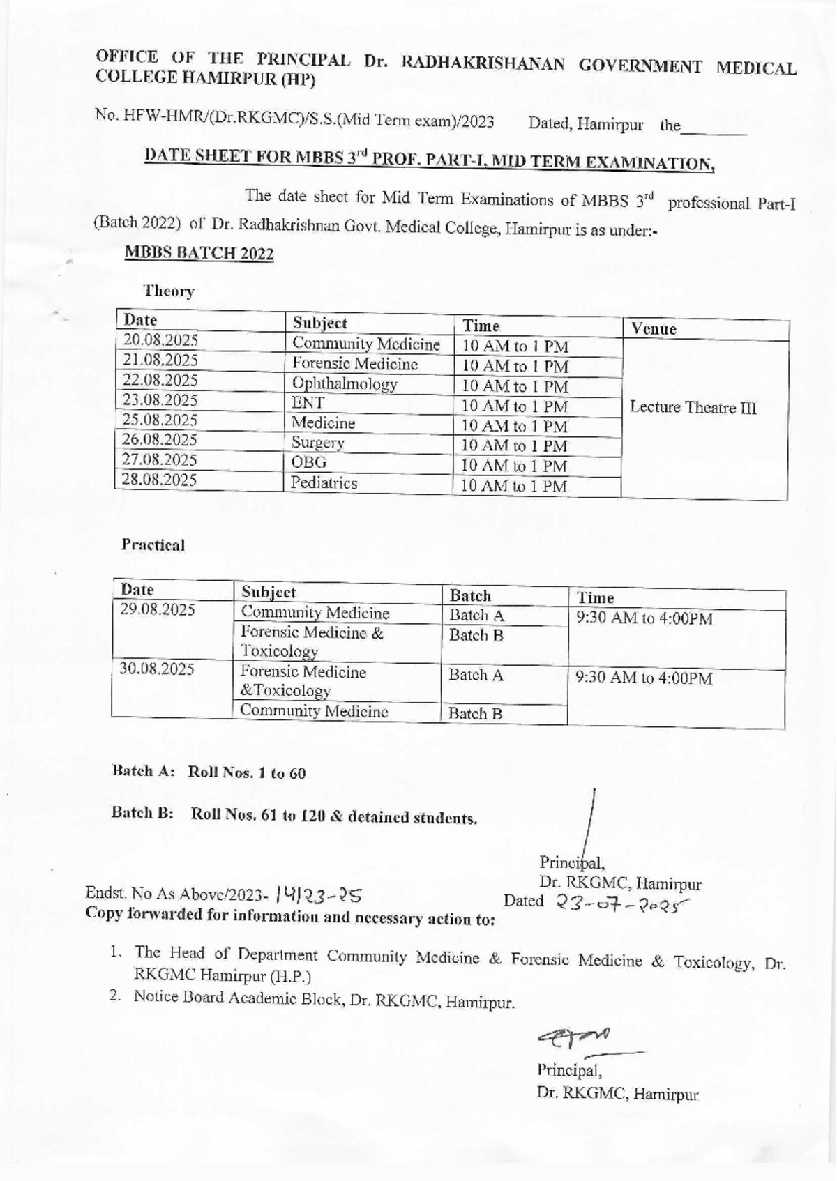 MBBS 3ʳᵈ Prof. Mid Term Exam Date Sheet - Batch 2022 - Studocu