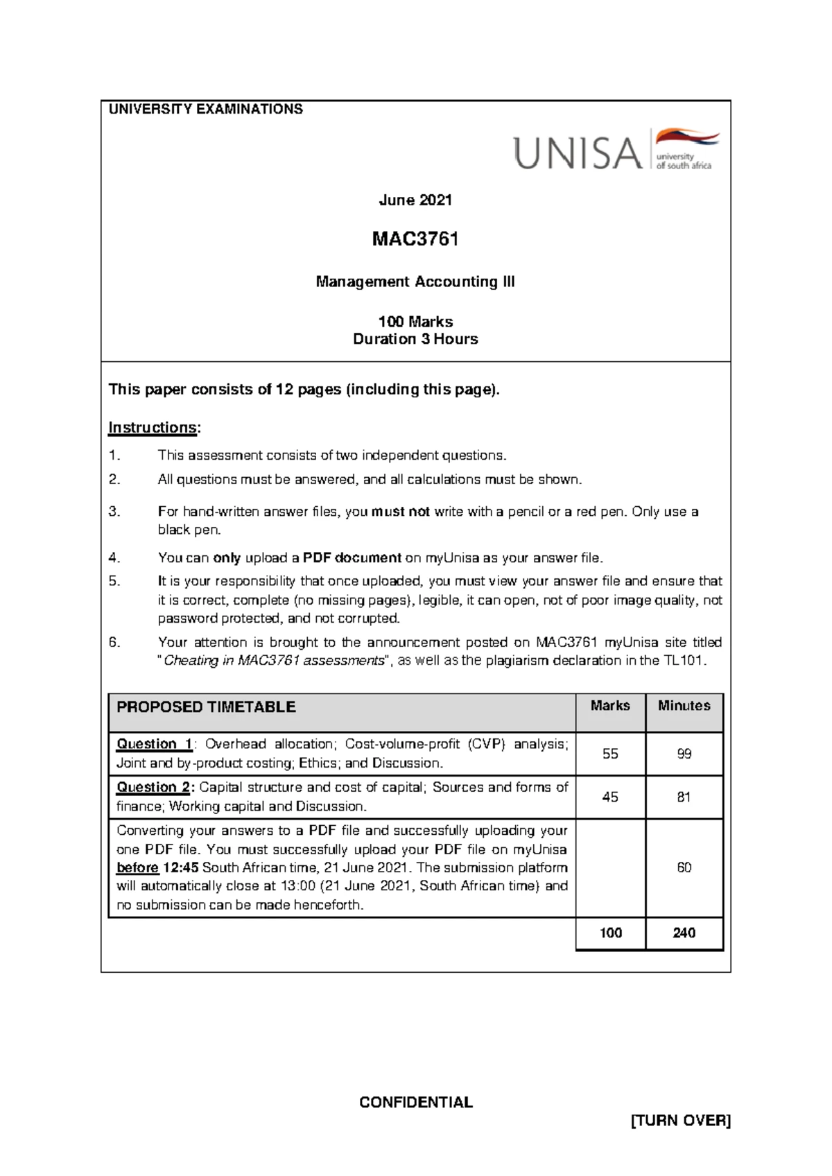MAC3761 Management Accounting III Exam Paper - October/November 2024 ...