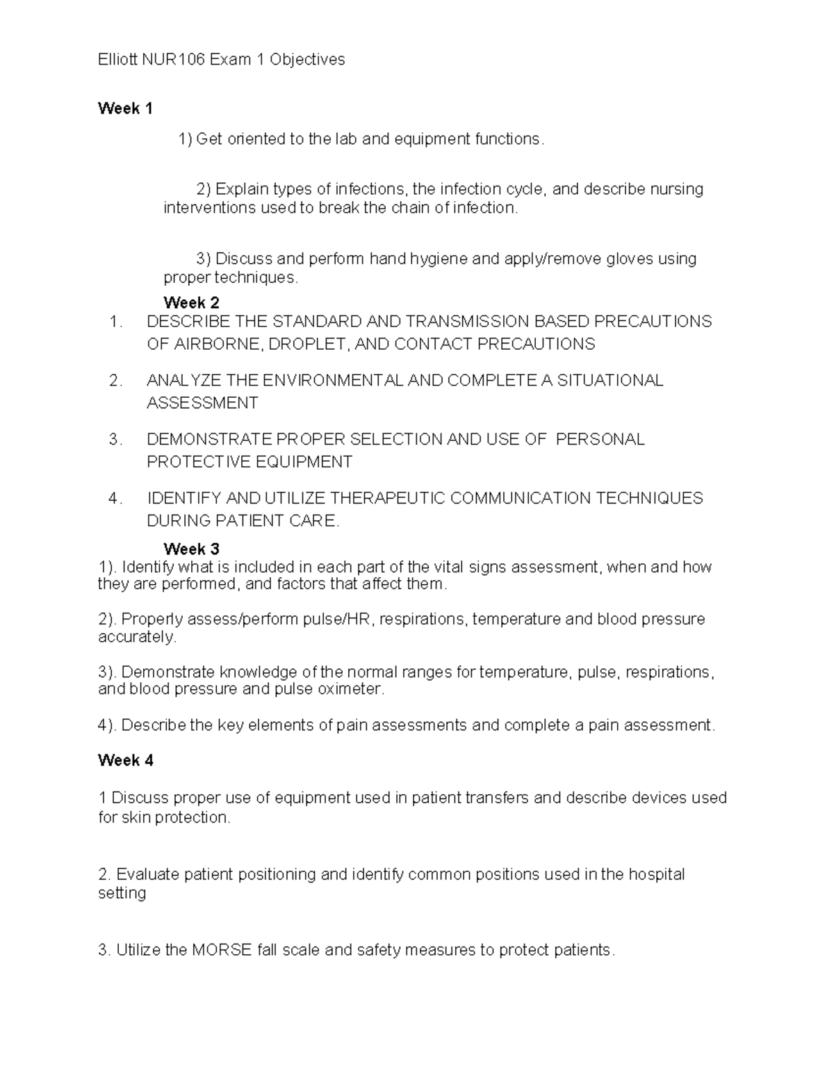 NUR106 Exam 1 Objectives: Key Skills for Nursing Practice and Care ...