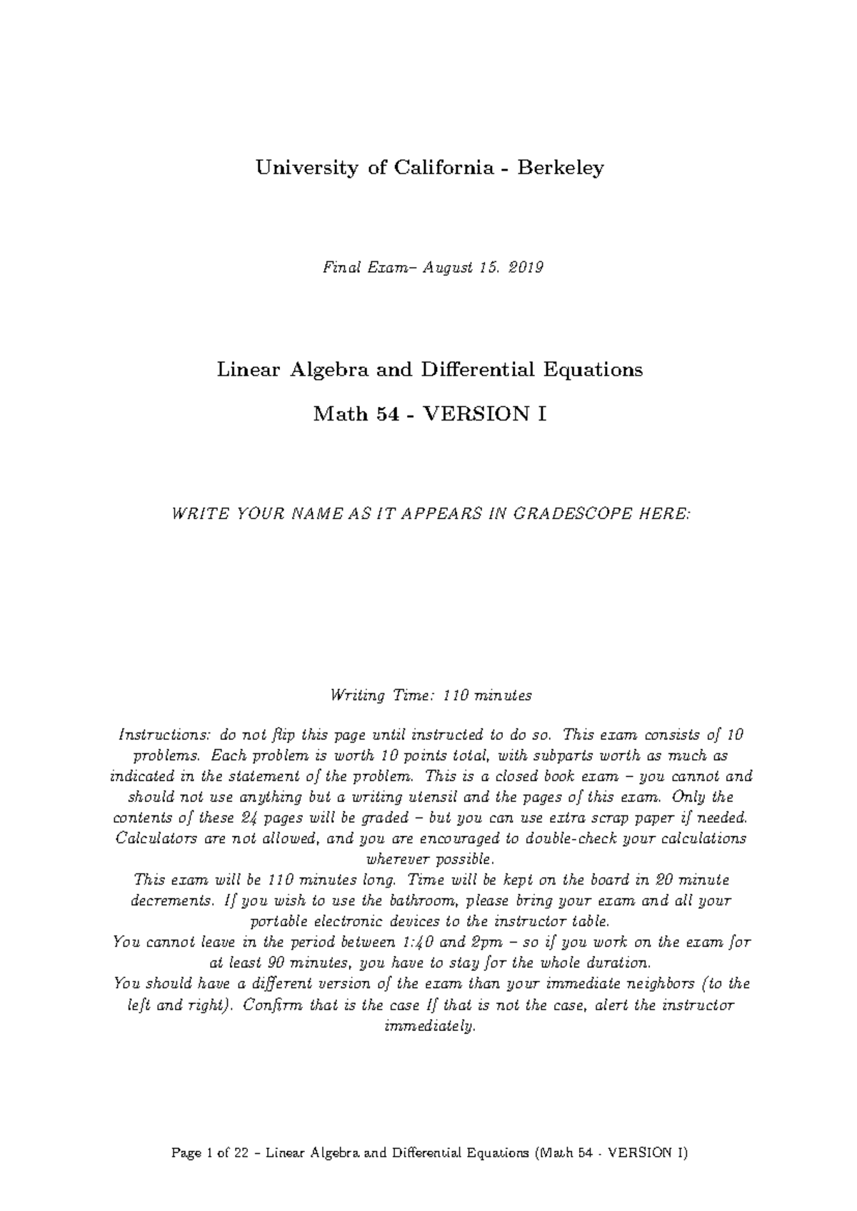 Final 1 - University of California - Berkeley Final Exam– August 15 ...