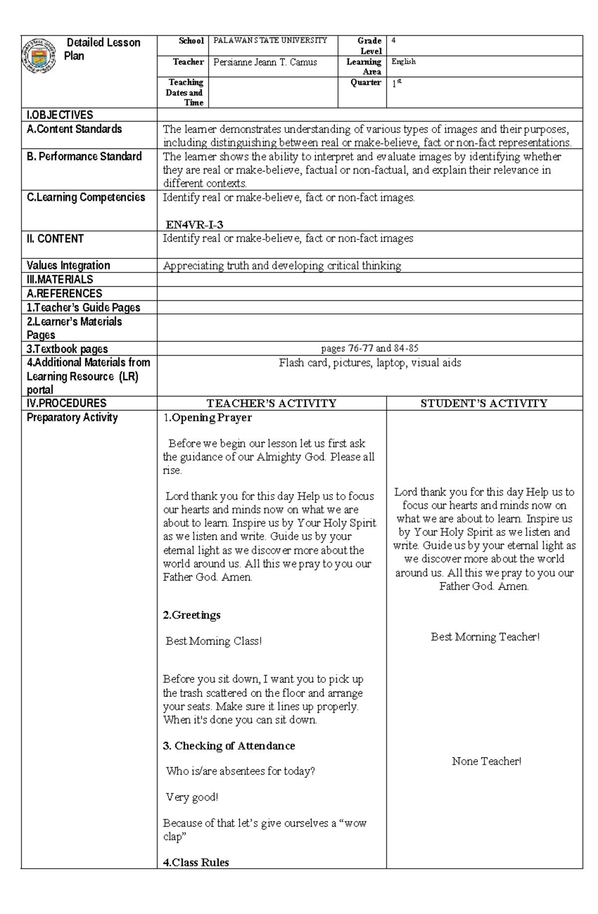 Detailed Lesson Plan: Identifying Real vs. Make-Believe Images EN4VR-I ...