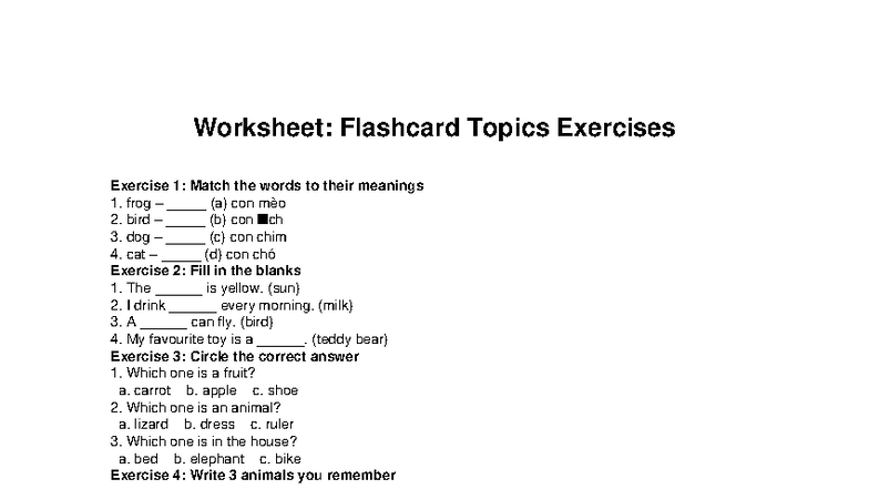 Flashcard Worksheet: Vocabulary Matching & Exercises 123 - Studocu