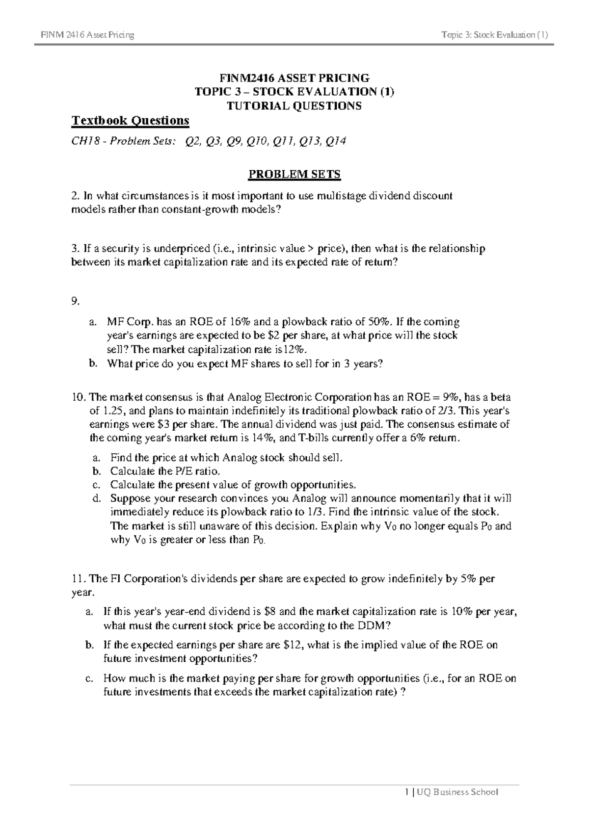 FINM 2416 Asset Pricing Tutorial 3: Stock Evaluation Questions - Studocu