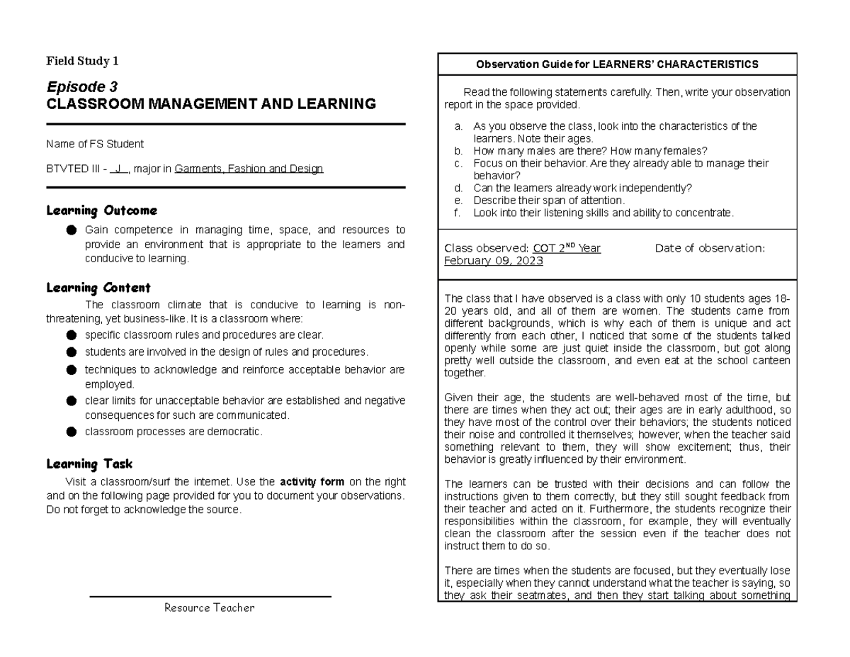 FS-1: Episode 3 - Strategies for Classroom Management and Learner Engagement - Studocu