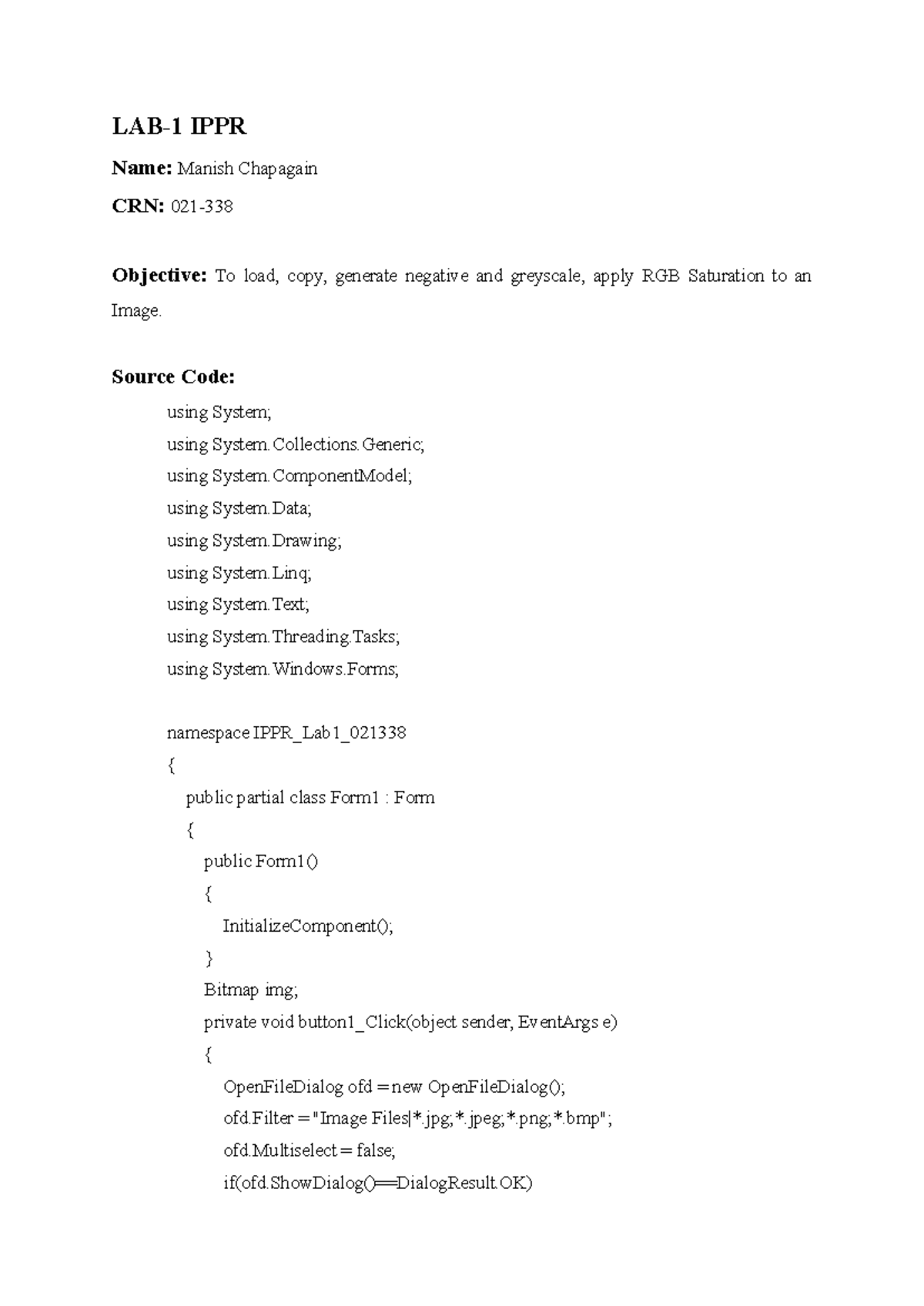 Lab 1 IPPR 021338: Image Processing Operations in C# - Studocu
