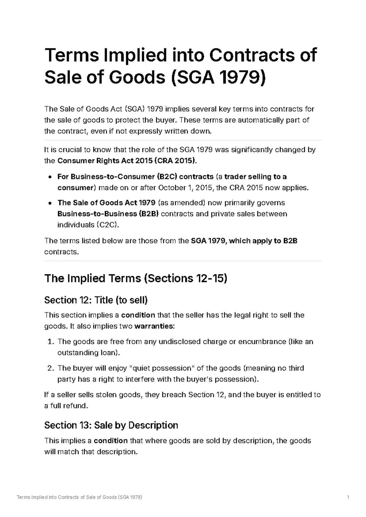 Terms Implied in Contracts of Sale of Goods (SGA 1979) Overview - Studocu