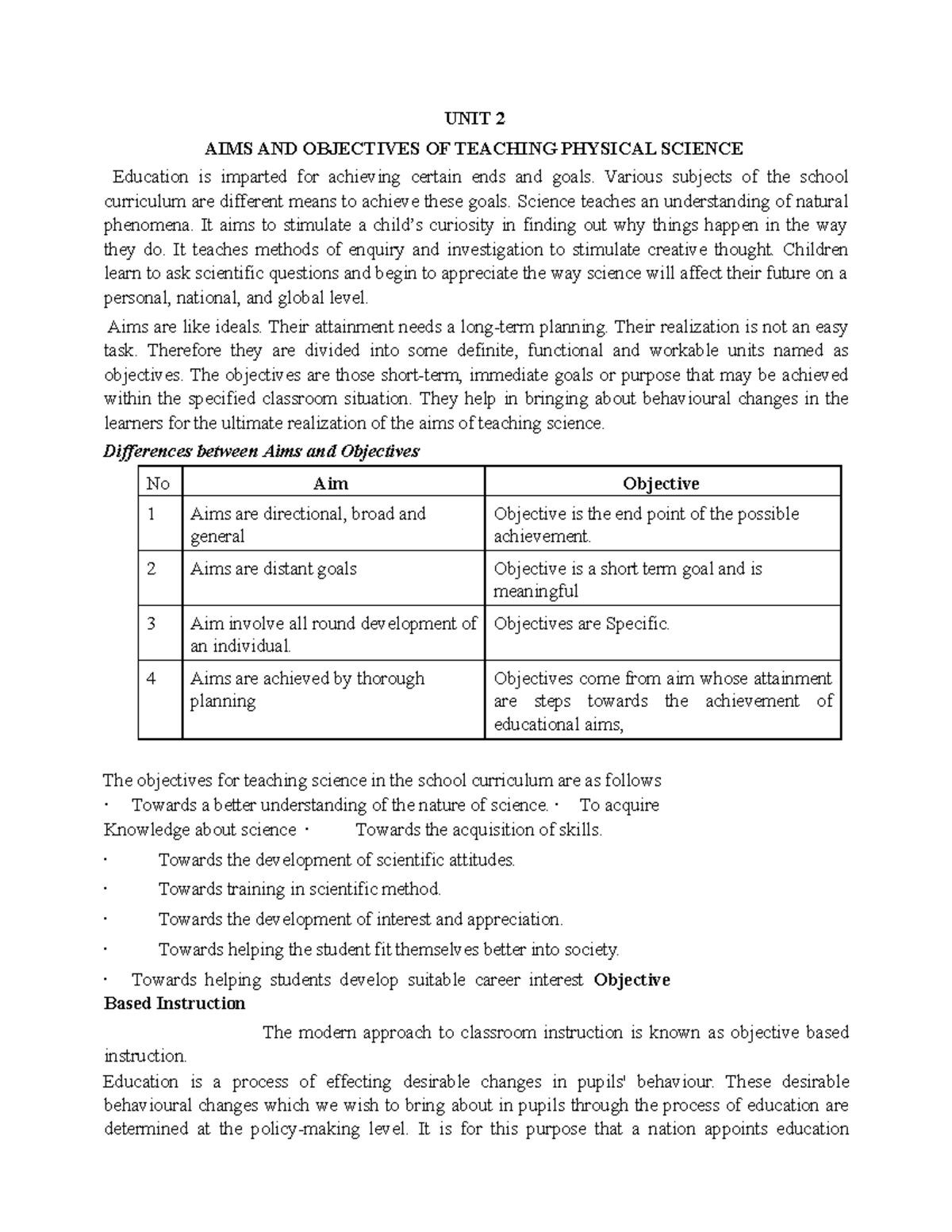 Aims and Objectives of Teaching Physical Science - Unit 2 Notes - Studocu