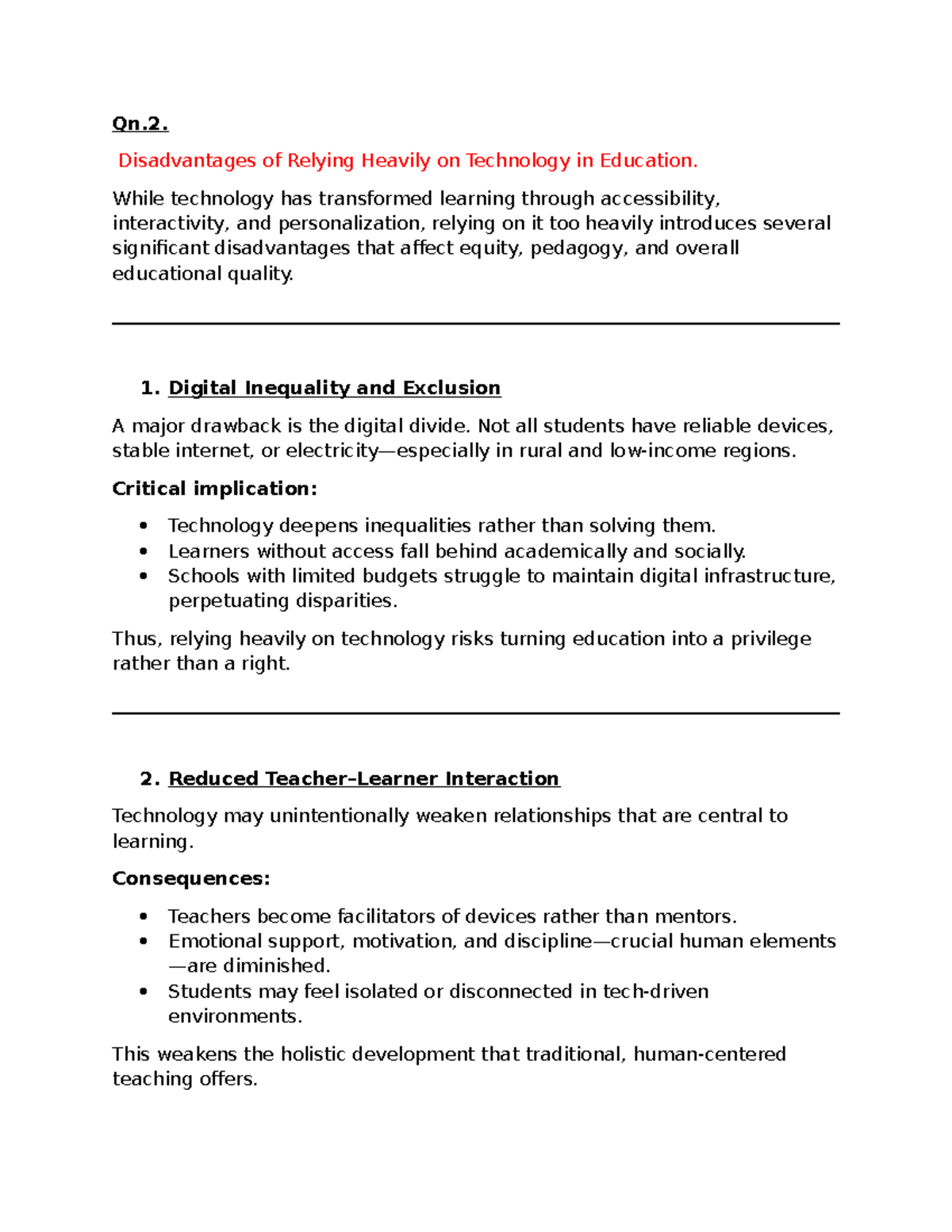 Disadvantages of Heavy Tech Reliance in Education - ECT Qn. 2 - Studocu