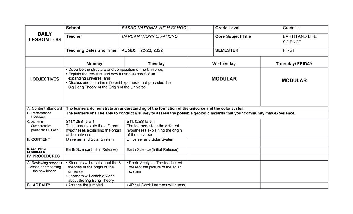 Grade 11 DLL Lesson Log: Earth and Life Science Concepts - Studocu
