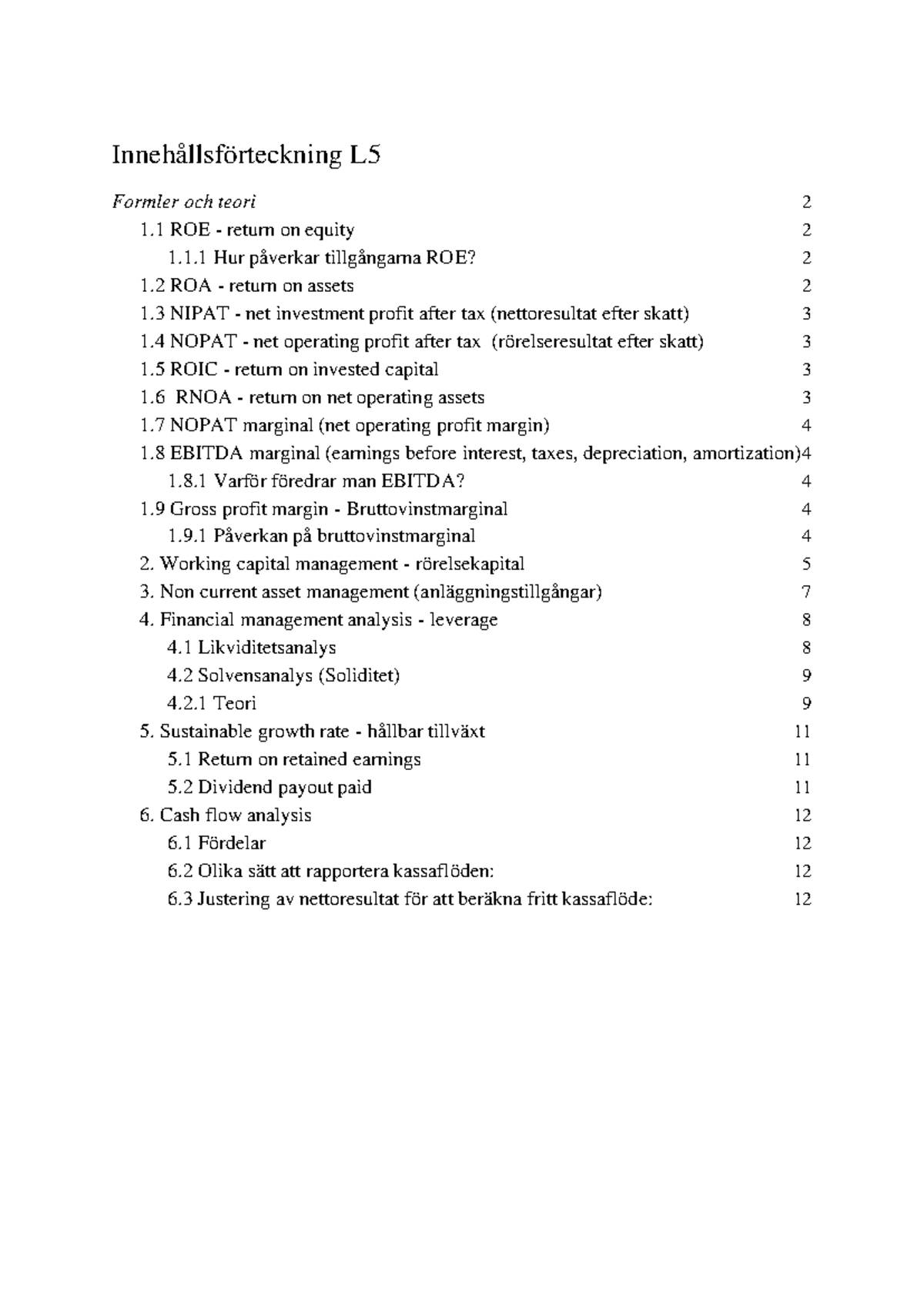 L5 Financial analysis - formler och teori - Innehållsförteckning L ...