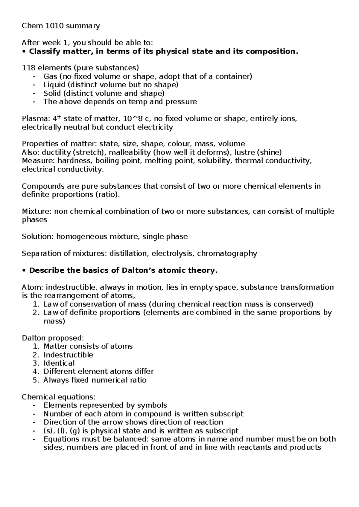 Chem 1010 Lecture Notes: Summary of Weeks 1-3 Concepts - Studocu