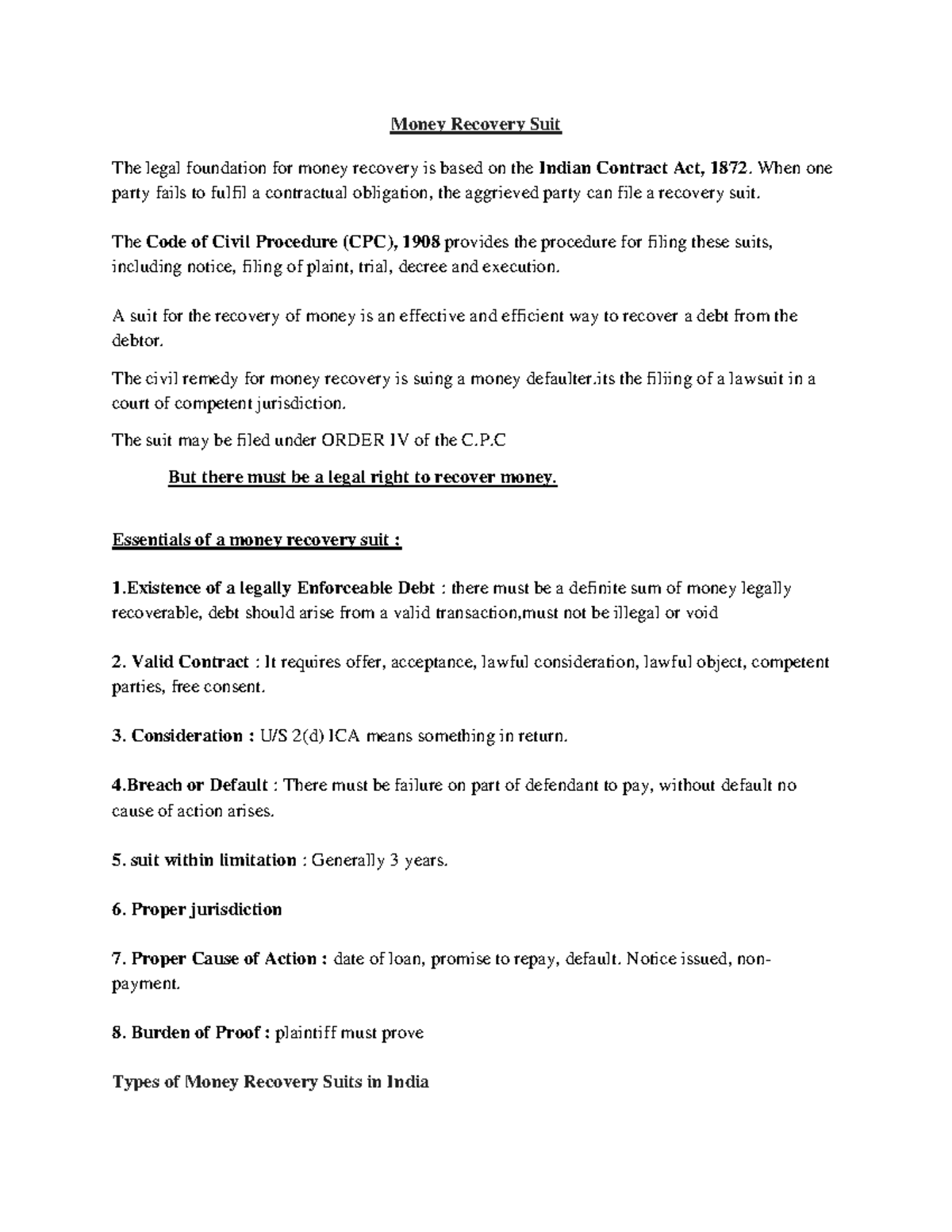 Money Recovery Suit Notes: Legal Foundations & Types - Studocu