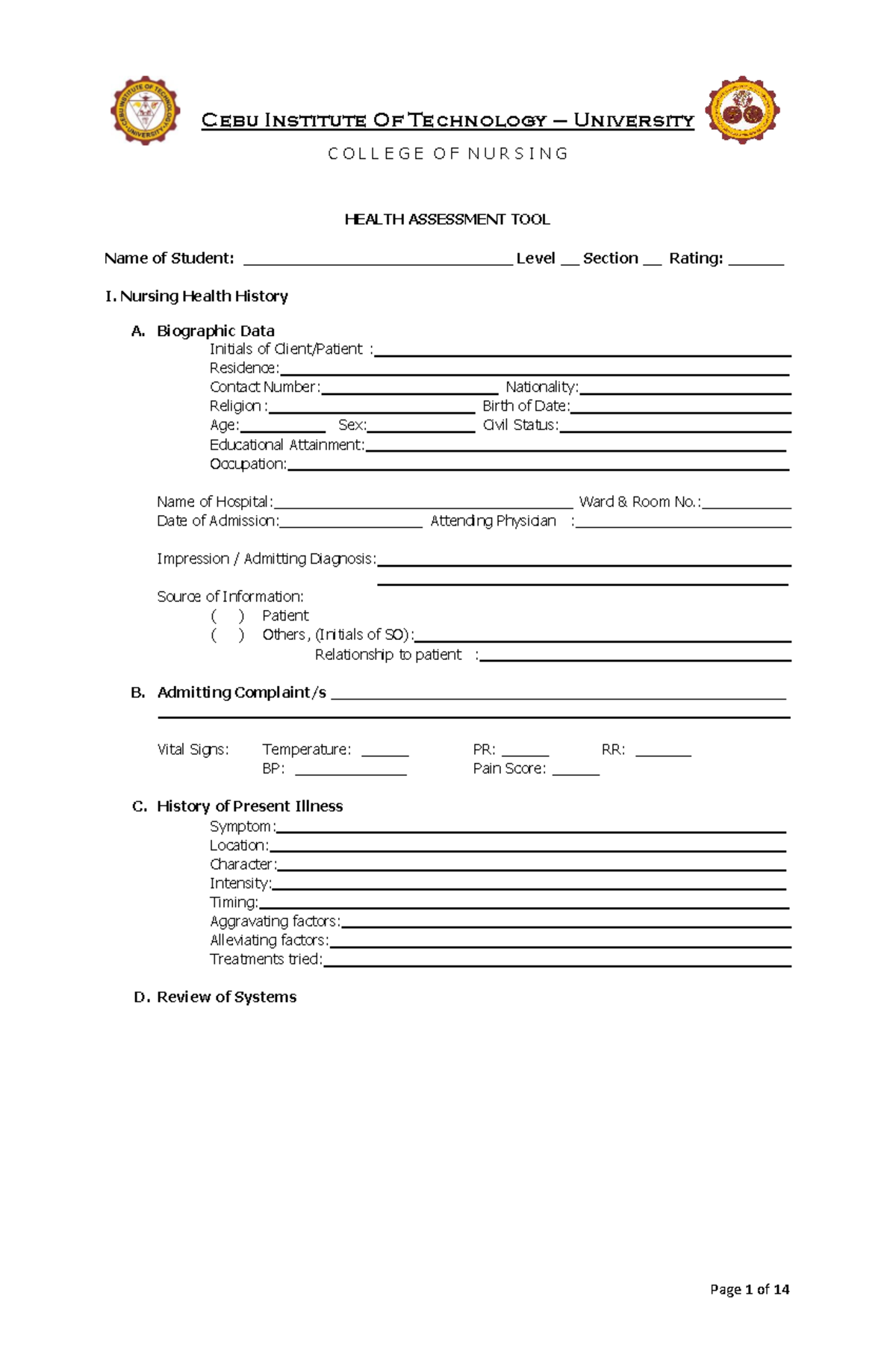 CIT-U Nursing 101: Health Assessment Tool & Physical Exam Guide - Studocu