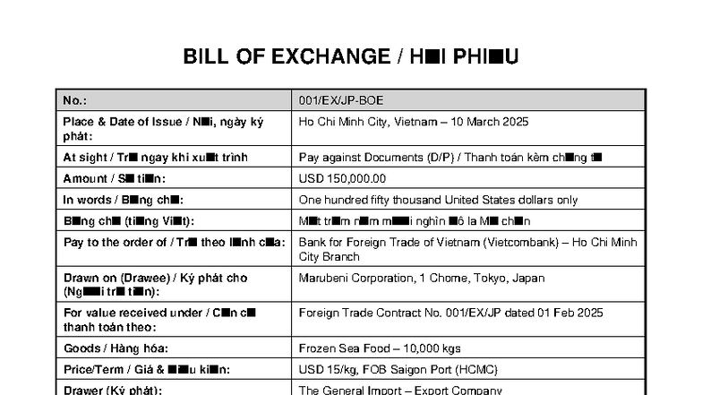 BILL OF EXCHANGE No. for Frozen Sea Food - Vietcombank - Studocu
