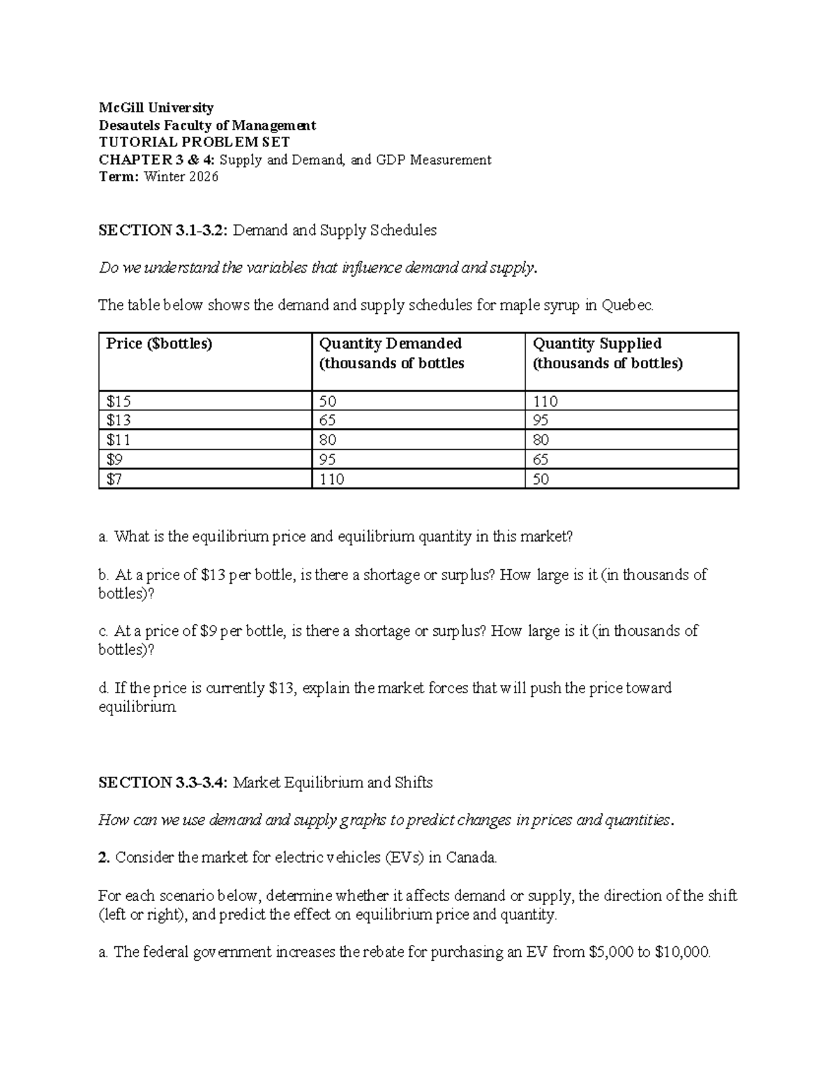 Tutorial Problem Set 3: Supply, Demand & GDP Measurement (Winter 2026 ...