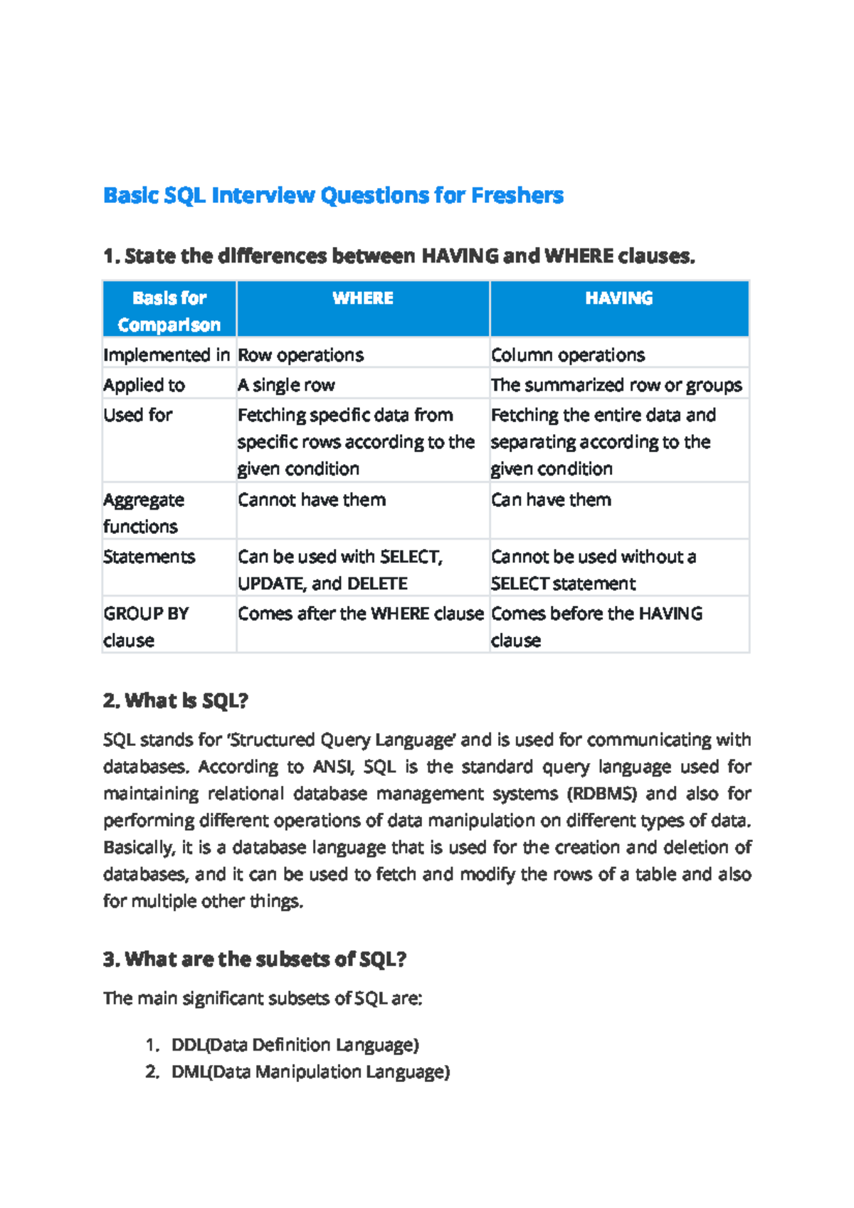 SQL Interview Questions for Freshers: Essential Basics and Concepts ...