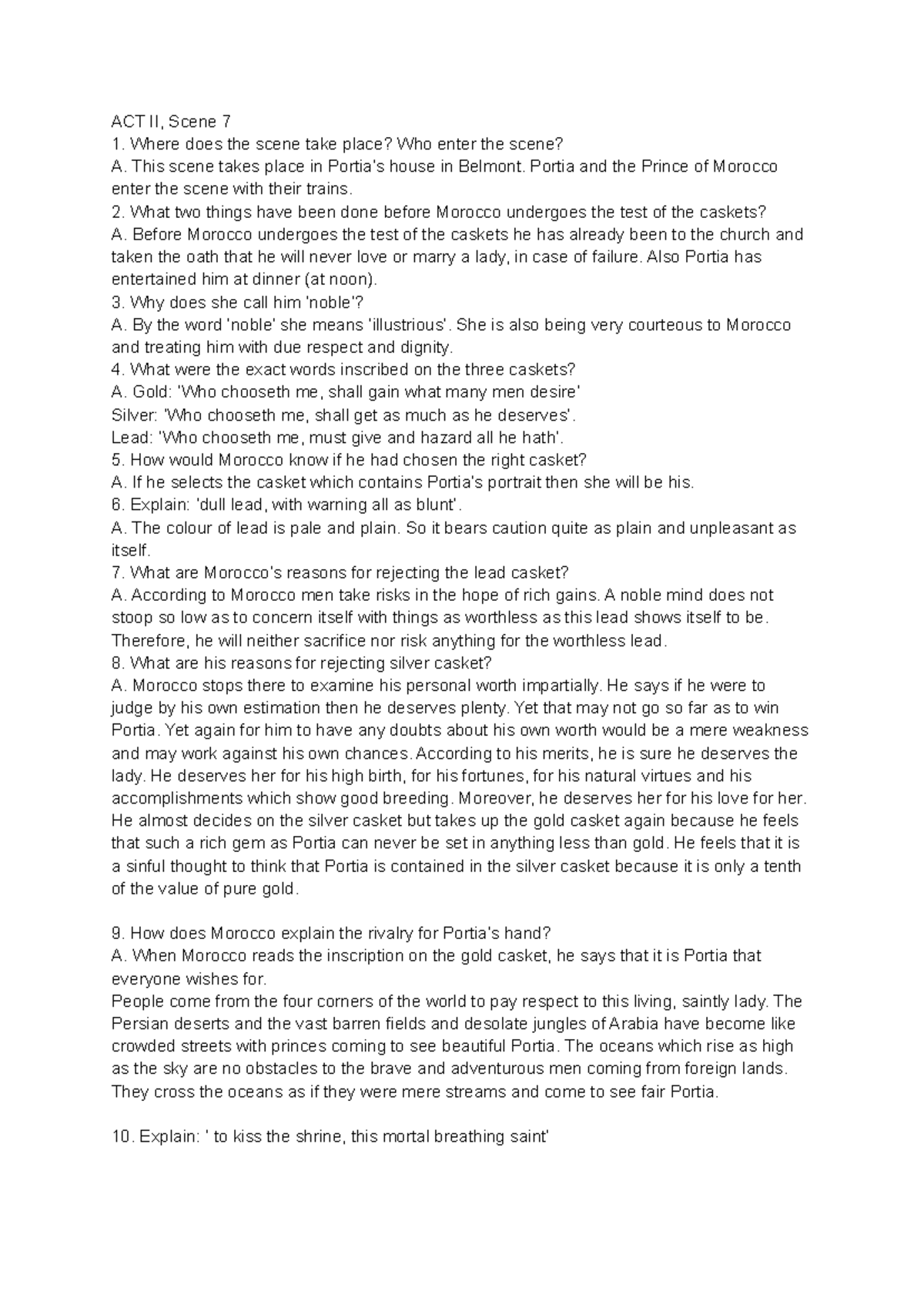 ACT II, Scene 7 Analysis - Portia and the Prince of Morocco - Studocu