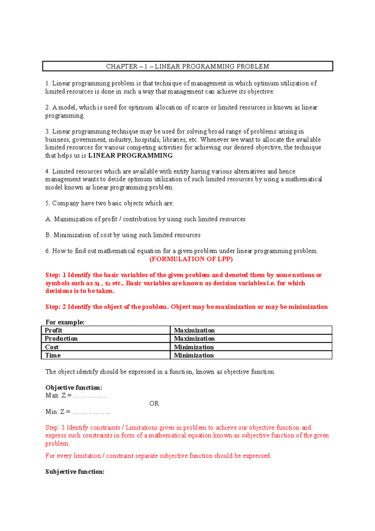 Chapter 1 - Linear Programming Problem: Concepts and Formulations - Studocu