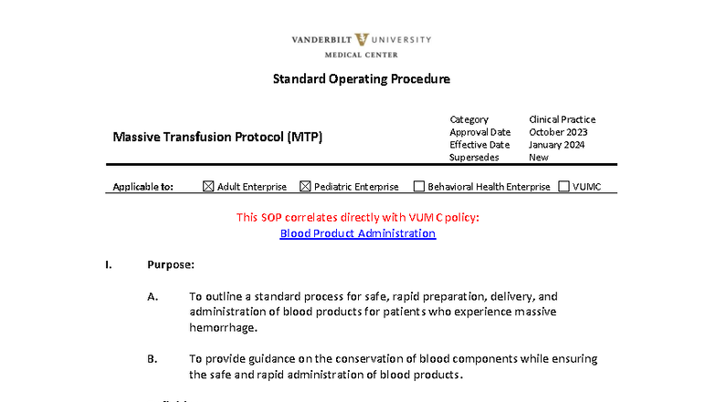 VUMC SOP: Massive Transfusion Protocol (MTP) Guidelines - Studocu