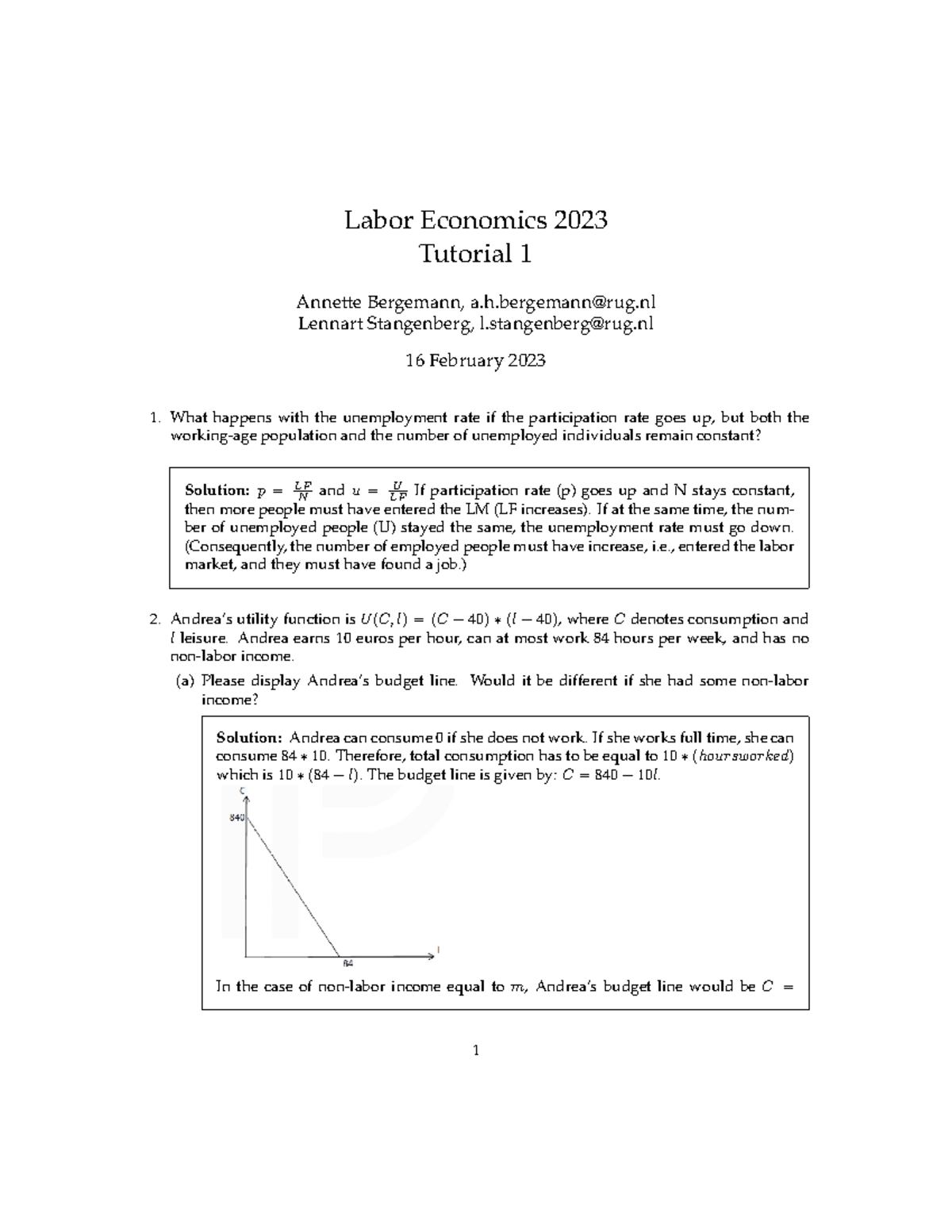Labor Economics 2023: Tutorial 1 Solutions & Analysis - Studeersnel