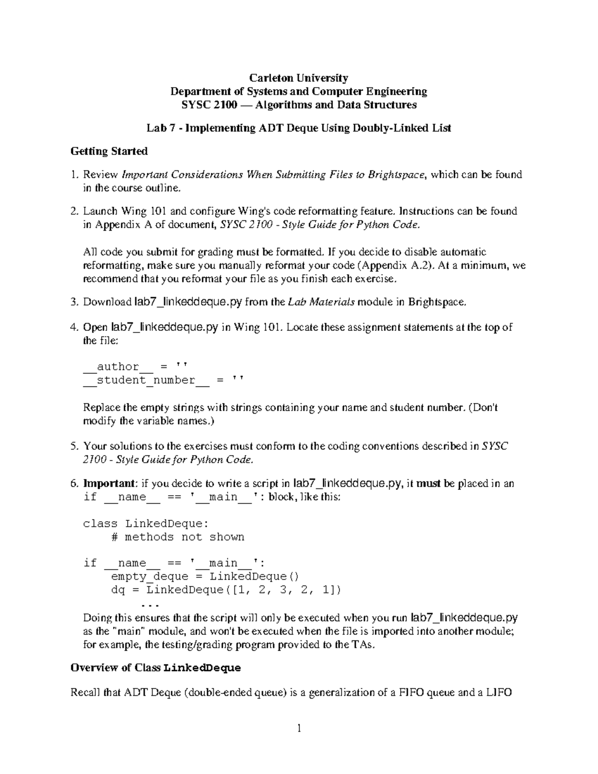 W25 SYSC 2100 Lab 7: Implementing ADT Deque Using List - Studocu