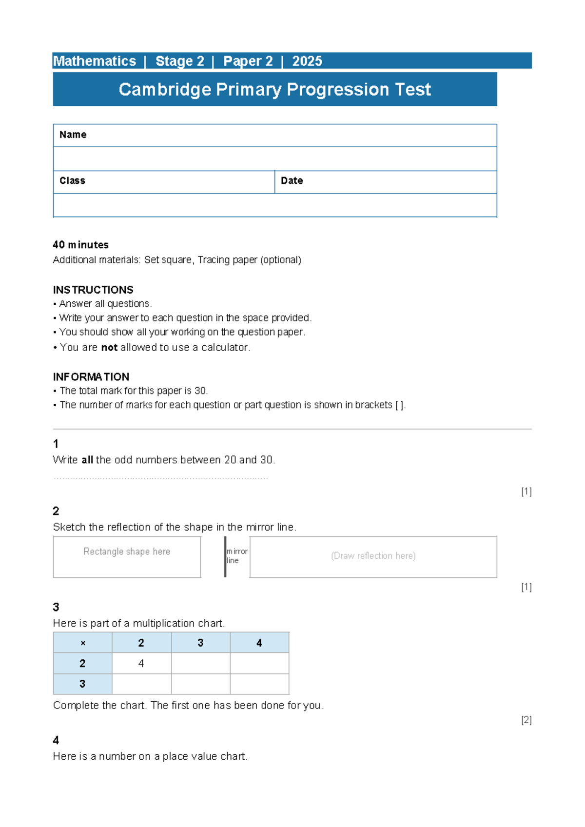 Grade 2 Maths Paper 2 - 2025 Cambridge Primary Test - Studocu