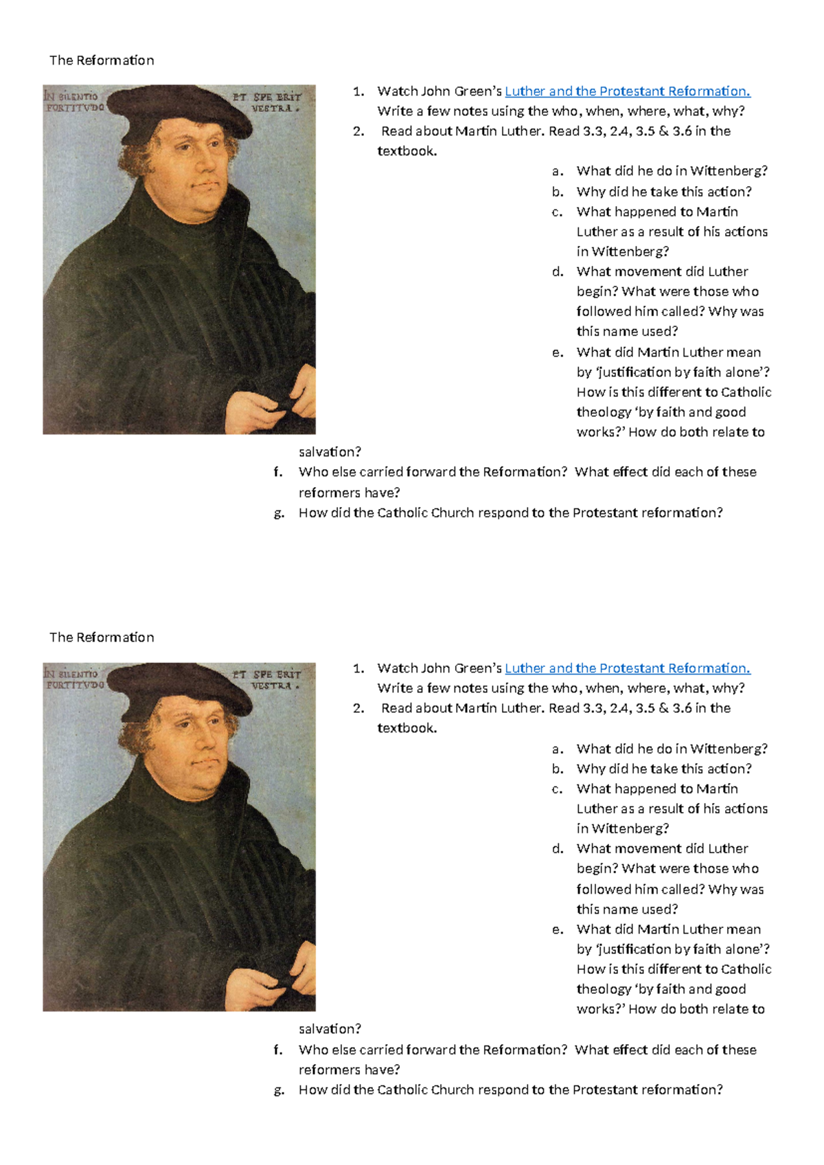 The reformation religion year 10 - The Reformation 1. Watch John Green ...