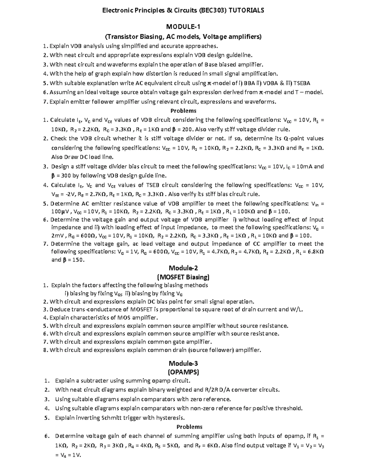 EPC BEC303 Question Bank - Electronic Principles & Circuits (BEC303 ...