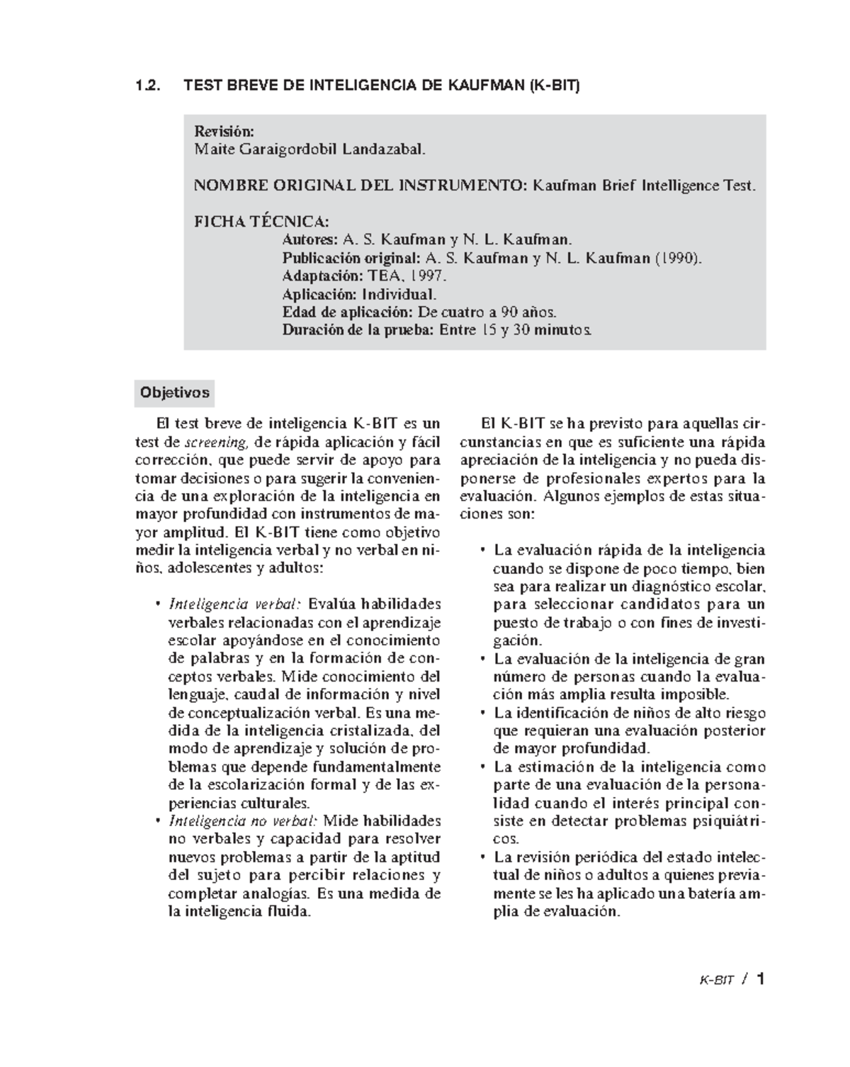 KBIT - Manual de Aplicación y Evaluación del Test de Inteligencia - Studocu