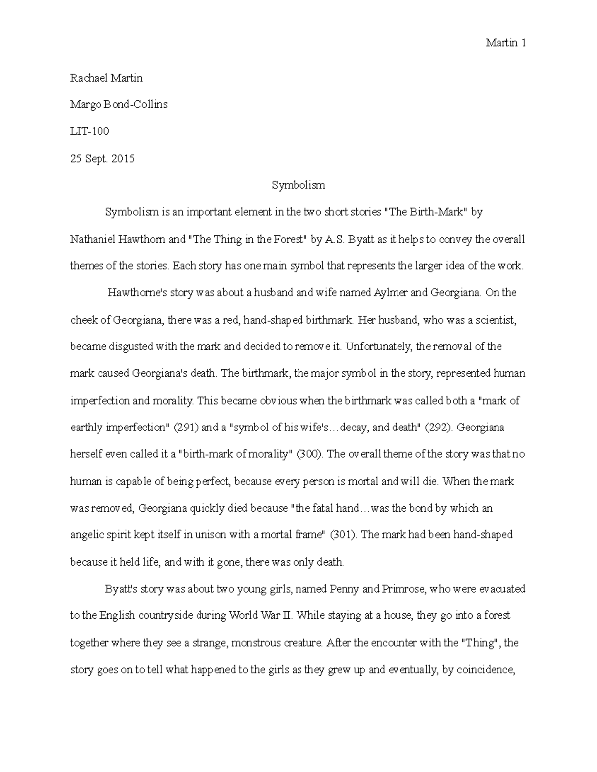 LIT-100 Symbolism Essay - Martin 1 Rachael Martin Margo Bond-Collins ...