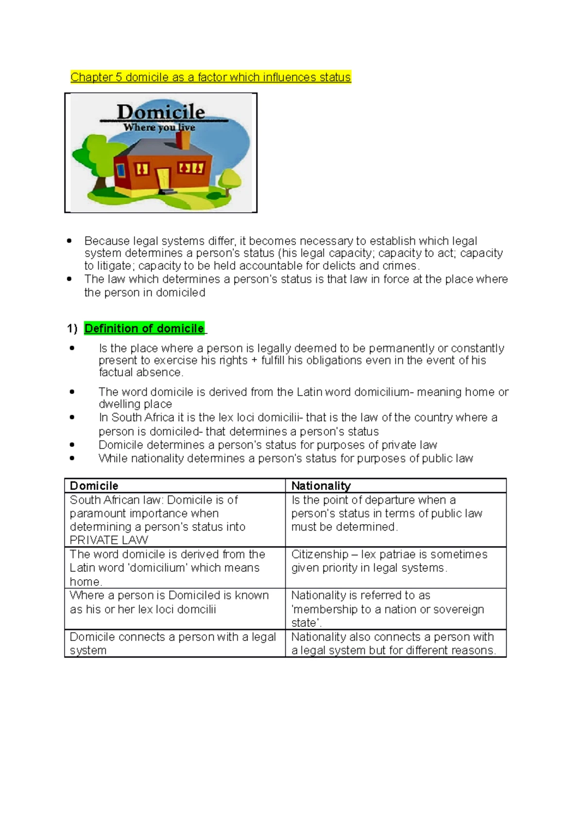 CH 7 - Lecture notes 11 - CHAPTER 7: DOMICILE 1 WHAT IS DOMICILE Legal ...