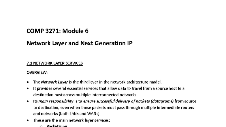 COMP 3271: Module 6 - Overview of Network Layer Services and IPv6 - Studocu