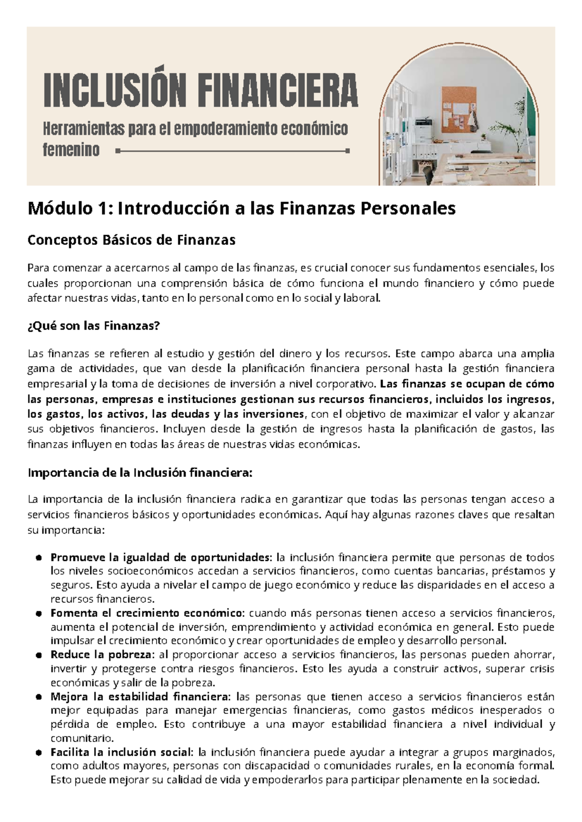 Módulo 1: Introducción a las Finanzas Personales y Inclusión Financiera ...
