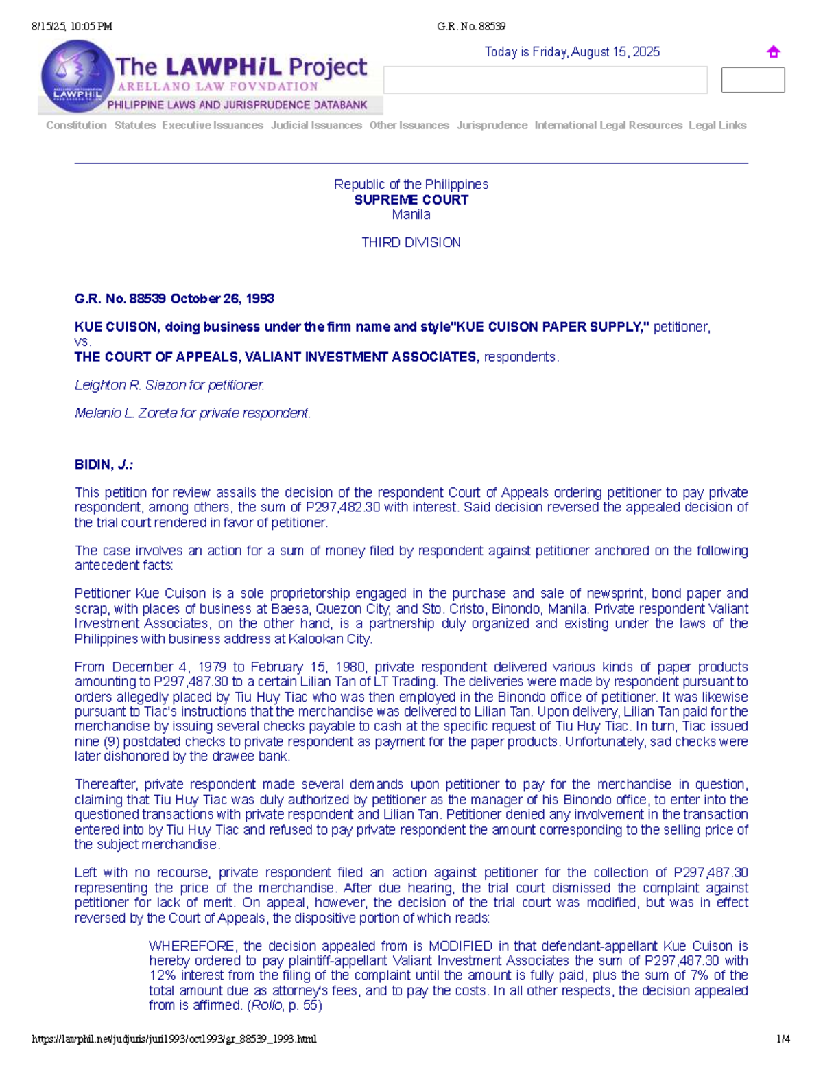 Supreme Court Case G.R. No. 88539: Kue Cuison vs. Court of Appeals ...